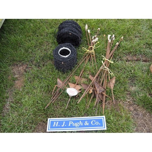 Barbed wire and metal stakes