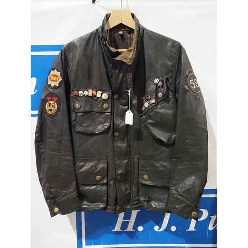 Barbour wax jacket with assorted motorcycle cloth badges and pin badges ...