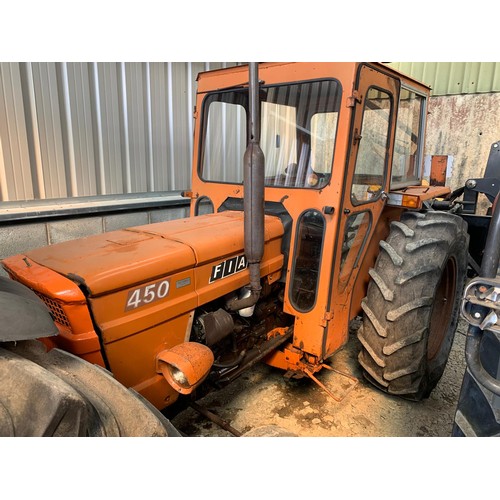 Fiat 450 tractor c/w cab and power steering. Reg. SFL 541S. Key in office