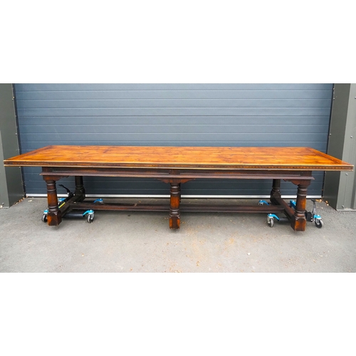 Oak refectory dining table on 6 legs with stretcher, marquetery inlay ...