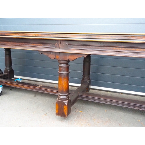 Oak refectory dining table on 6 legs with stretcher, marquetery inlay ...
