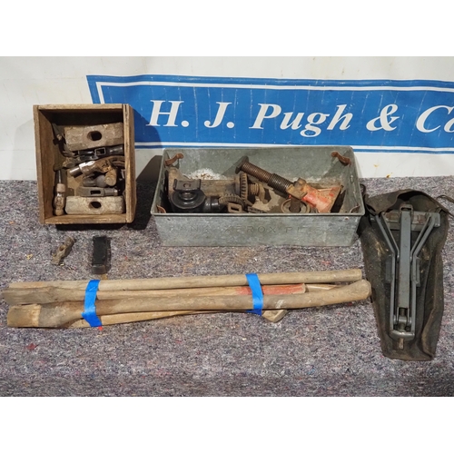 Assorted axe heads, axe shafts and vintage car jacks
