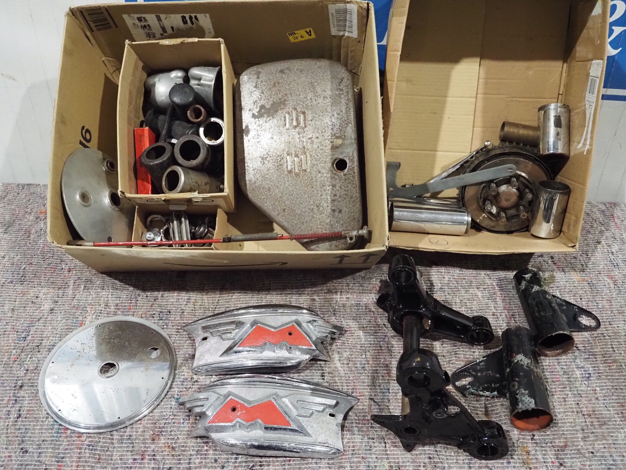 Assorted Matchless G12/G15 parts to include yokes, tank badges, toolbox ...