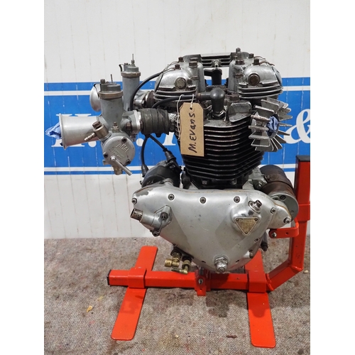 Triumph T110 engine on stand with carbs and magneto. No-T110 018591