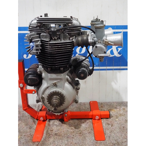 Triumph T110 engine on stand with carbs and magneto. No-T110 018591