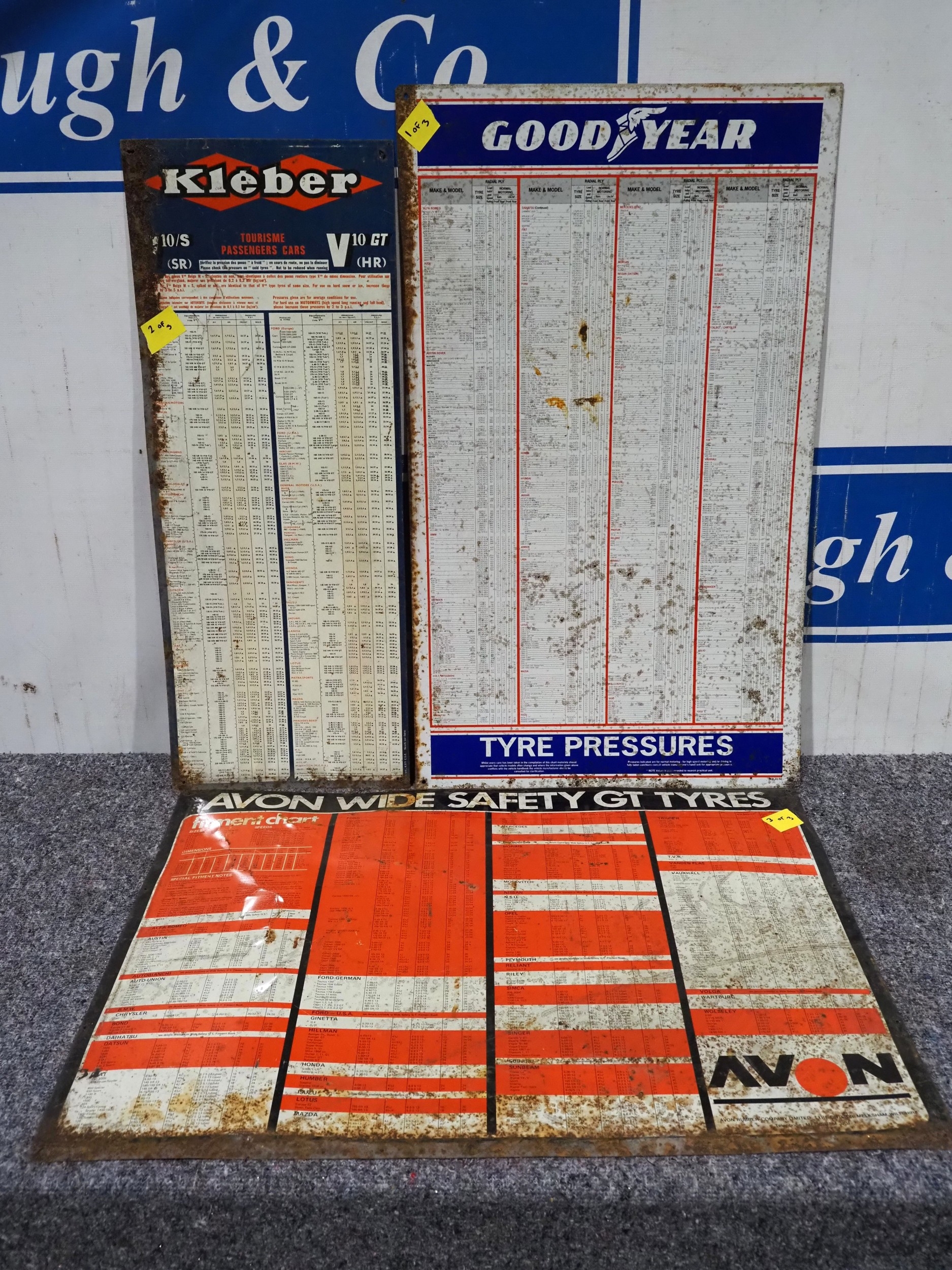 Tin signs - Assorted Tyre charts, Goodyear, Avon and Kleber