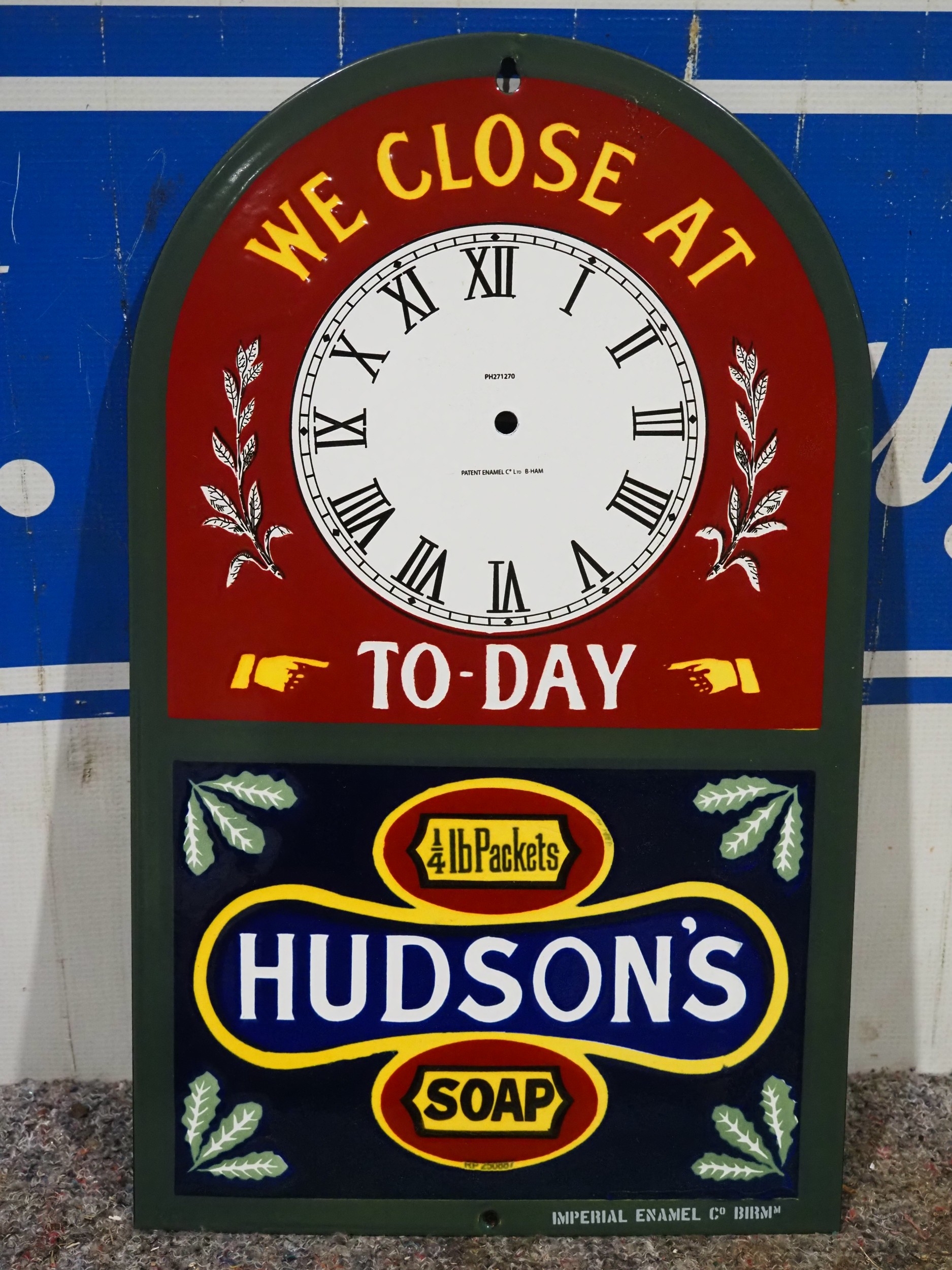 Modern enamel sign - Hudsons Soap clock 18" x 11"