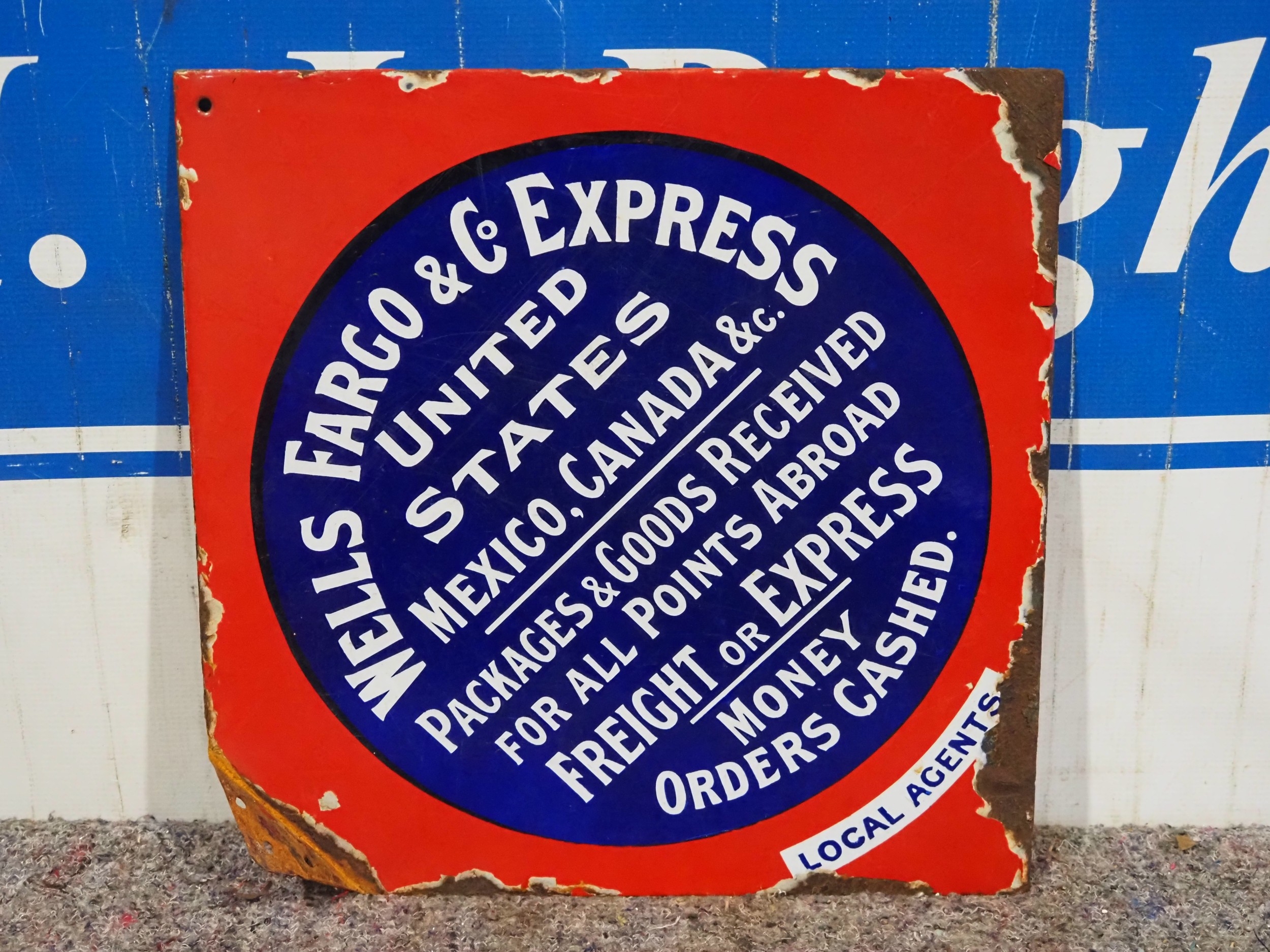 Doubled sided post mounted enamel sign - Wells Fargo Express 14" x 14"