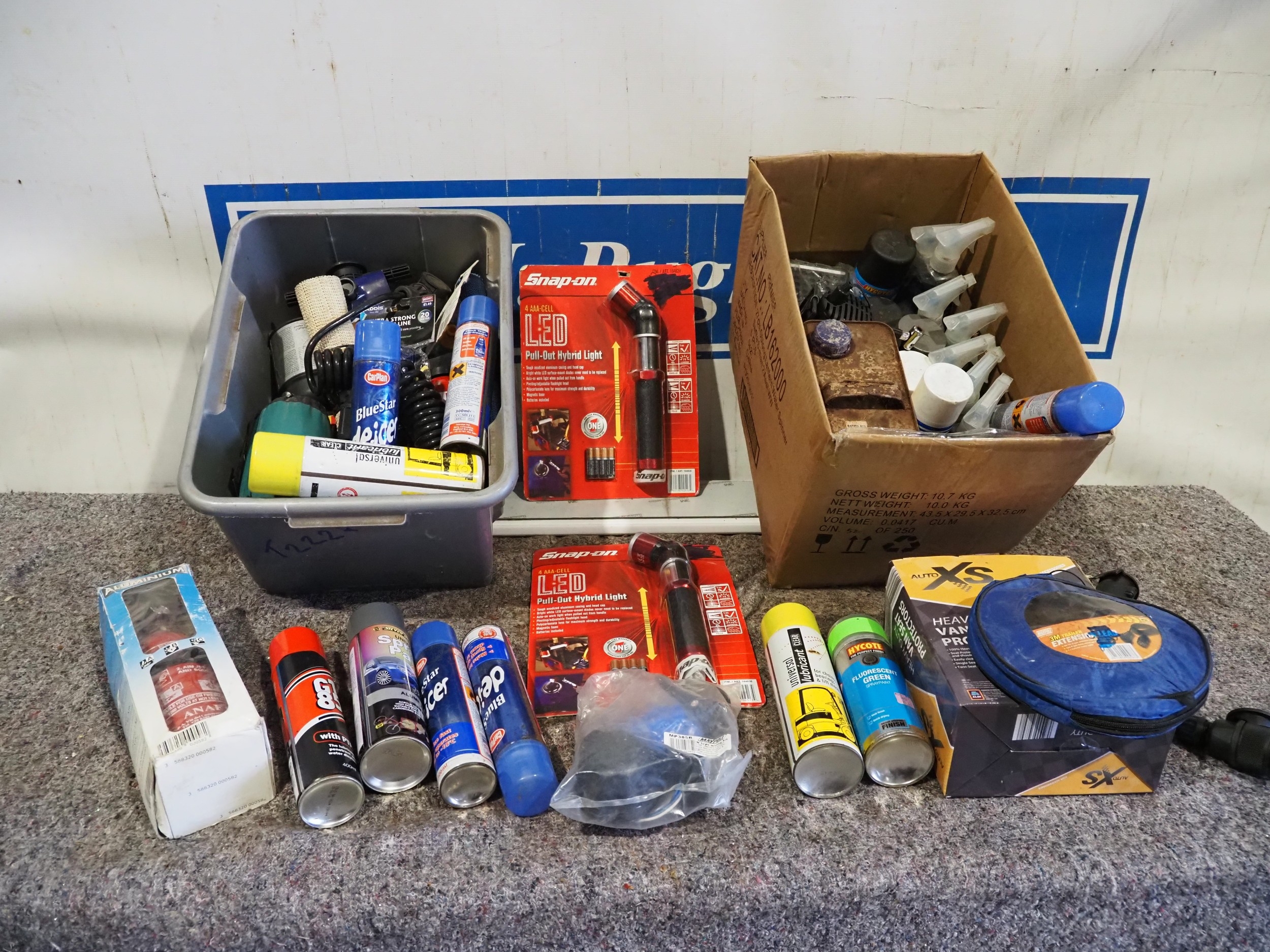 Assorted vehicle sundries to include torches, spray paints, de-icer, etc.