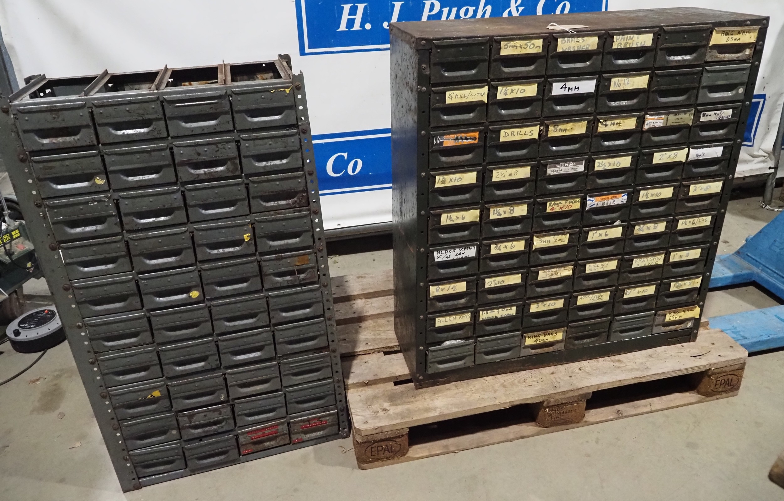 Metal workshop storage units to include contents and assorted fixings