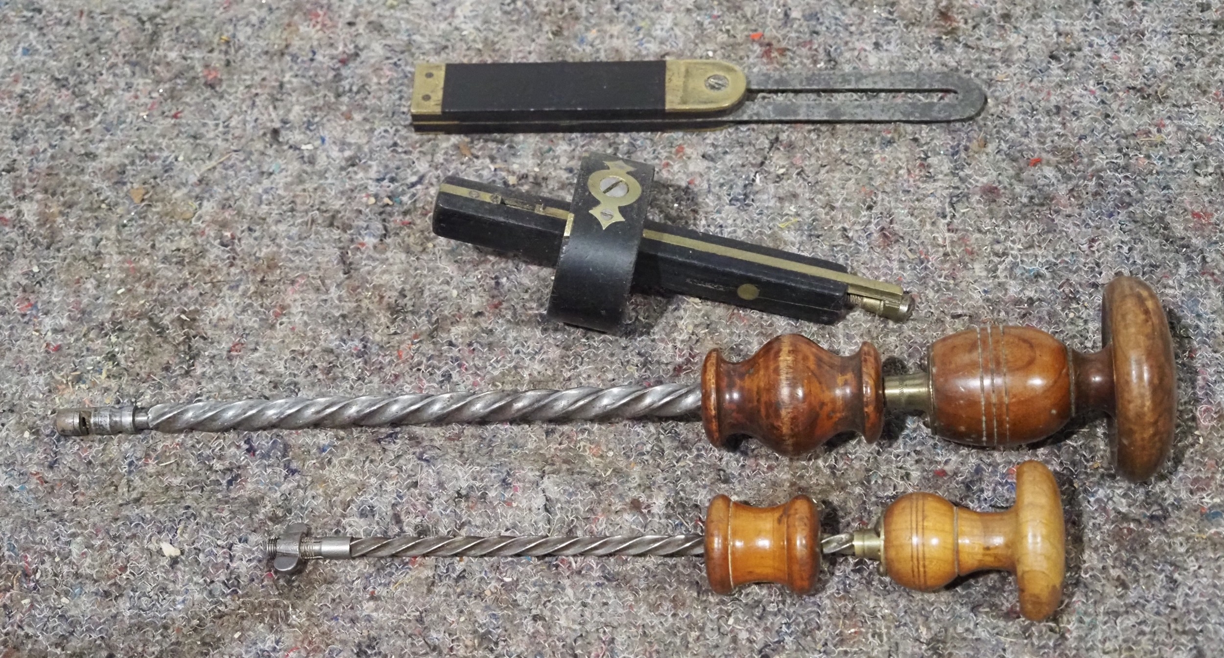 Round brass body mortice gauge, ebony sliding bevel and 2 archimedes