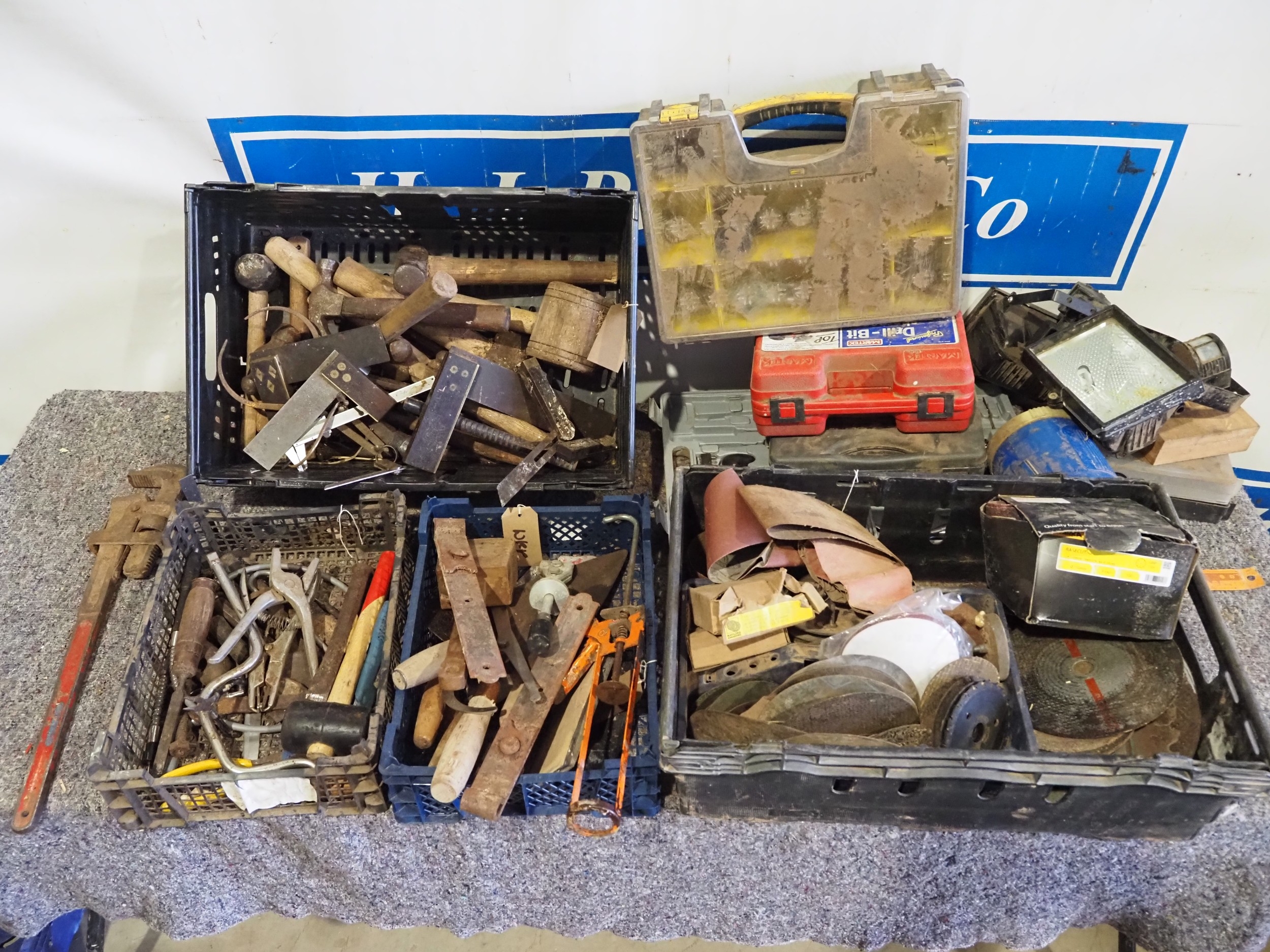 Assorted hand tools and fixings to include hammers, sanding belts ...