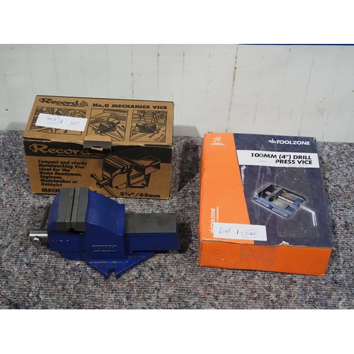 Record No.0 mechanics vice in original box and drill press vice