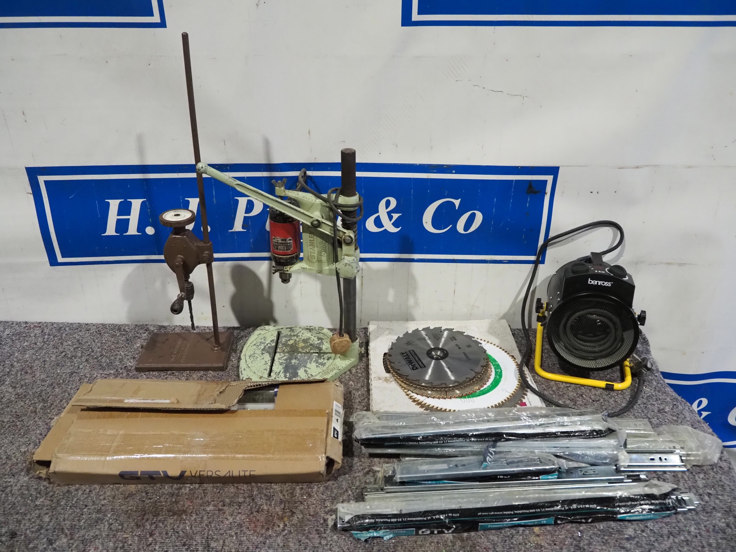 Pillar drills, drawer runners, circular saw blades and heater