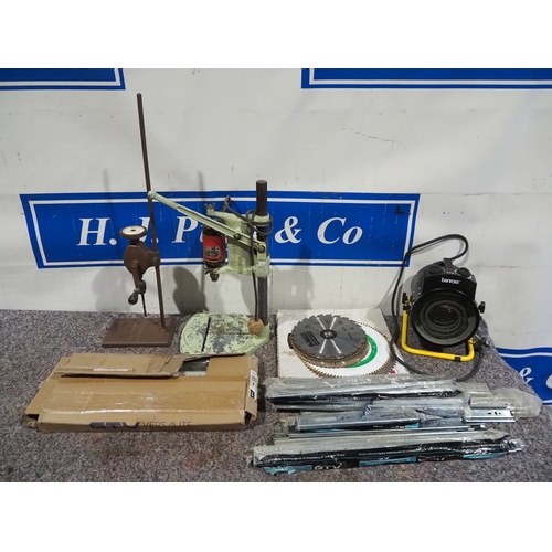 Pillar drills, drawer runners, circular saw blades and heater