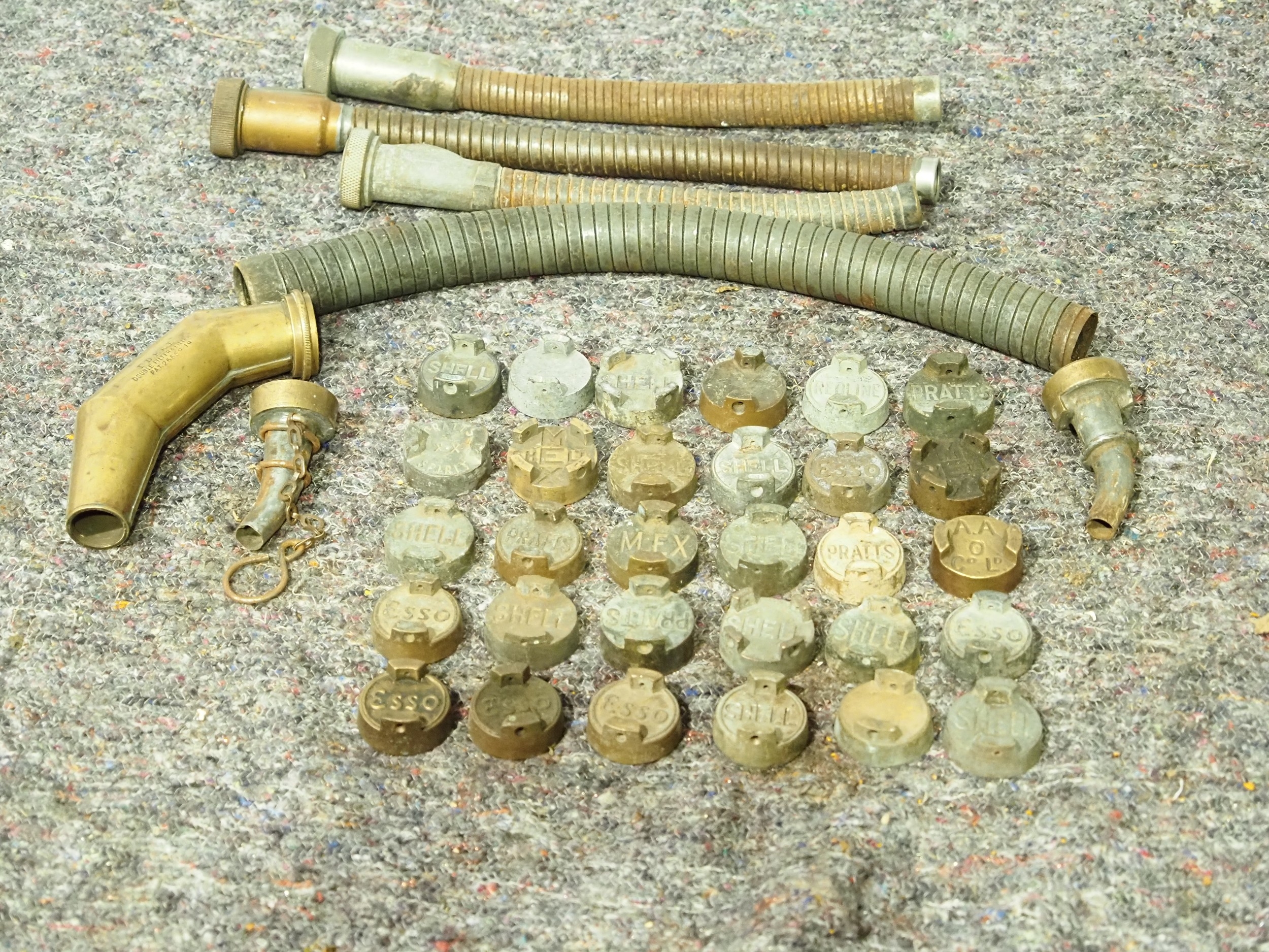 Brass fuel can caps to include Shell MEx, Esso, A.A & Co, Pratts and ...