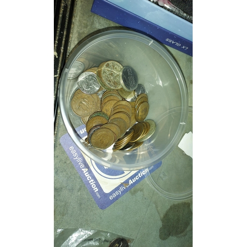 Tub Of Coins Including 1/2 Pennies And World Coins