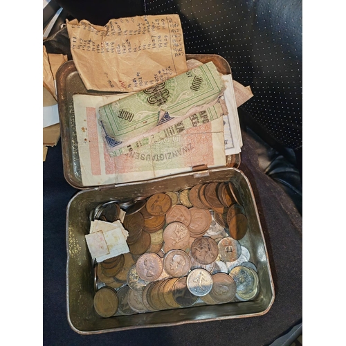 Large Tin Of Coins And Bank Notes