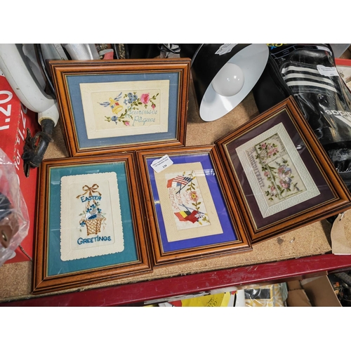 4 Ww1 Embroidered Postcards Framed