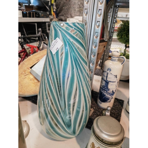 Large Blue Stripped Patterned Glass Vase