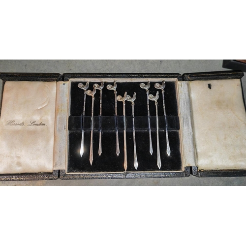 1927 Art Deco Silver Cocktail Sticks In Harrods Of London Case X 9