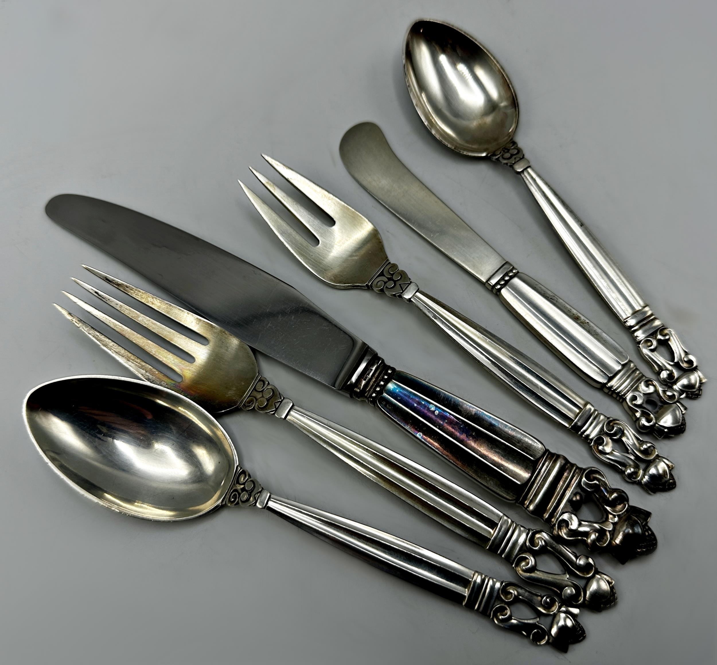Georg Jensen silver 'Acorn' pattern cutlery set, comprising dessert and ...
