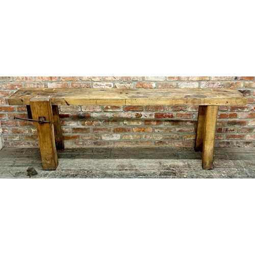 Early 20th century French work bench with iron vice, H 77cm x W 222cm x ...