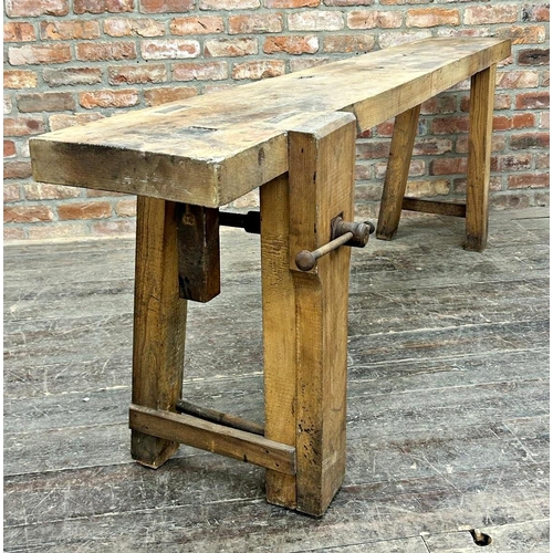 Early 20th century French work bench with iron vice, H 77cm x W 222cm x ...