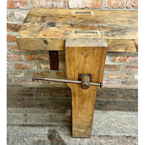 Early 20th century French work bench with iron vice, H 77cm x W 222cm x ...