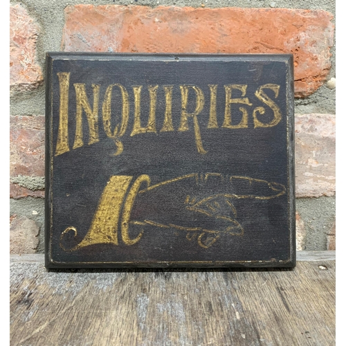 French wooden pokerwork 'Inquiries' sign, 18cm x 20cm