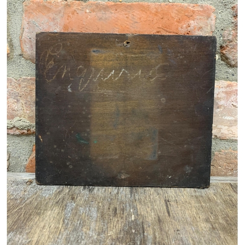 French wooden pokerwork 'Inquiries' sign, 18cm x 20cm