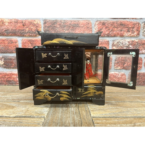 Vintage Chinese lacquered wood jewelry box with hand painted pagoda design