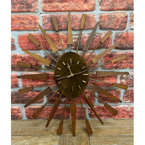 Mid Century Manley wooden sunburst wall clock, D 50cm