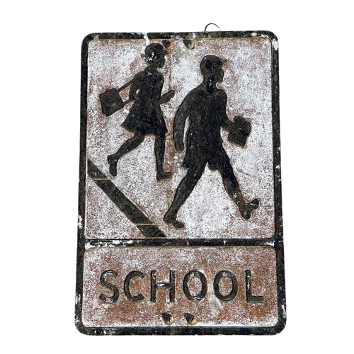 Original cast metal 'School' sign held on original wooden post, H 180cm
