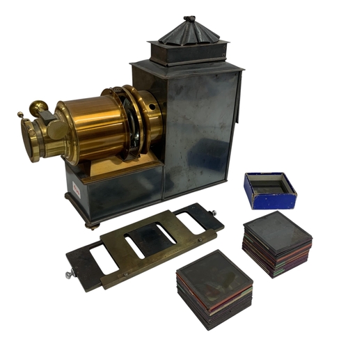 Victorian brass and tinplate Magic Lantern, maker W.C Hughes, with ...