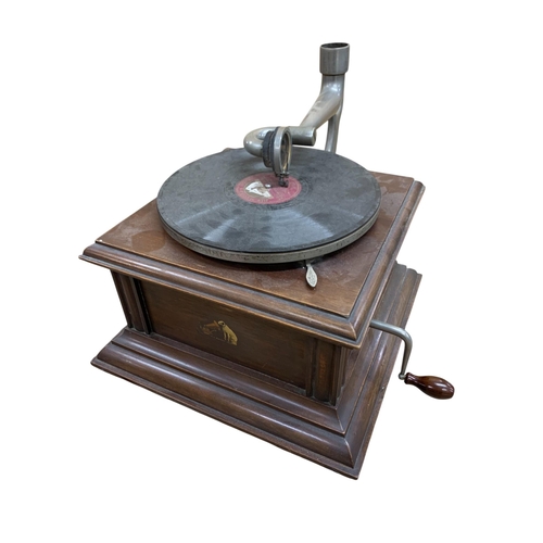 HMV mahogany cased table-top gramophone together with two metal horns ...