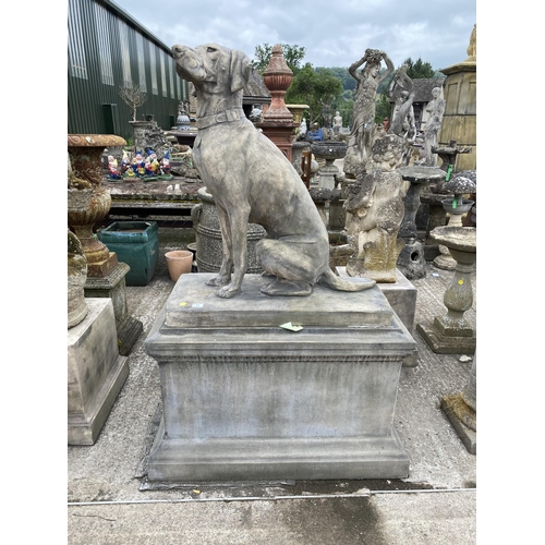 Impressive pair of reconstituted stone seated hounds upon large square ...