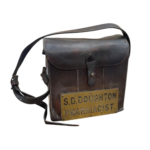 Edwardian brown leather apothecary Chemist's bag, having bronze plaque ...