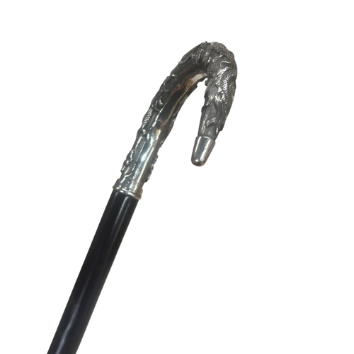 Antique Chinese walking stick with silver crook handle decorated with a ...