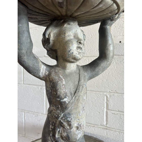 Antique Baroque style lead cherub water fountain with stylised dolphin ...