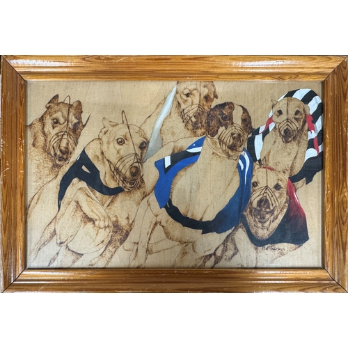 Pat Fricker (b. 1948) - Greyhound racing, signed, pokerwork panel with ...