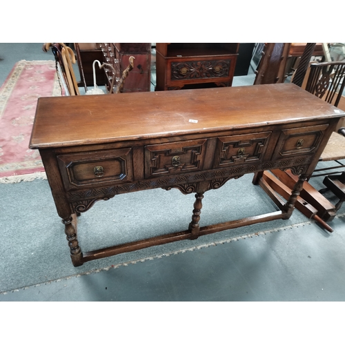 Carved oak sideboard with 4 drawers 149cm x 45cm depth, 80cm ht