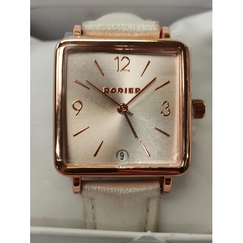 Rodier Ladies Wrist Watch - rose gold pearl face white leather strap