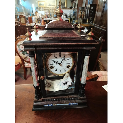 Knight brand mantle clock with highly decorative enamel face and pendulum