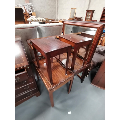 Low lying square coffee table with glass top and x4 Mahogany smaller tables