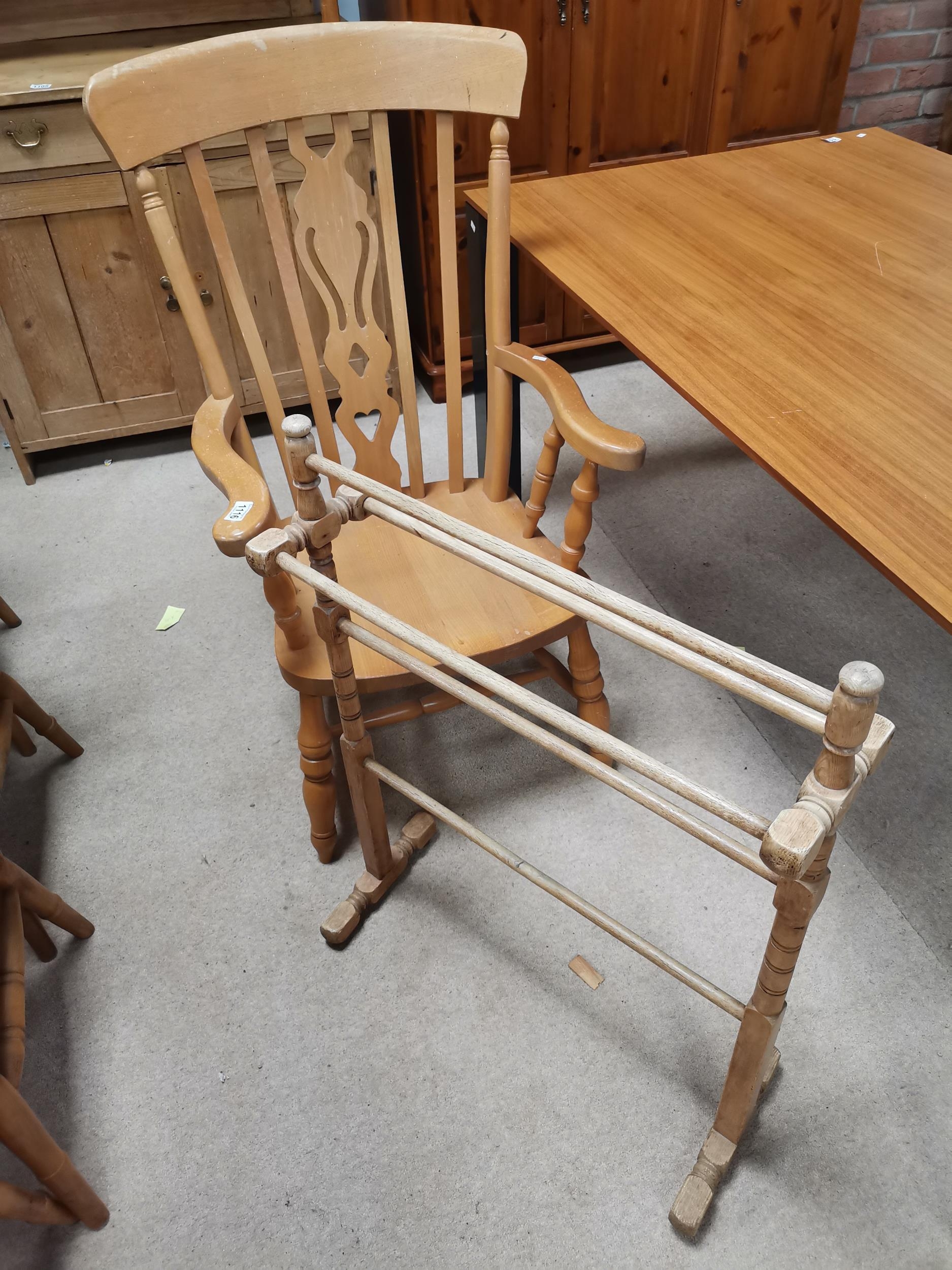 Pine Fiddle back chair plus towel rail