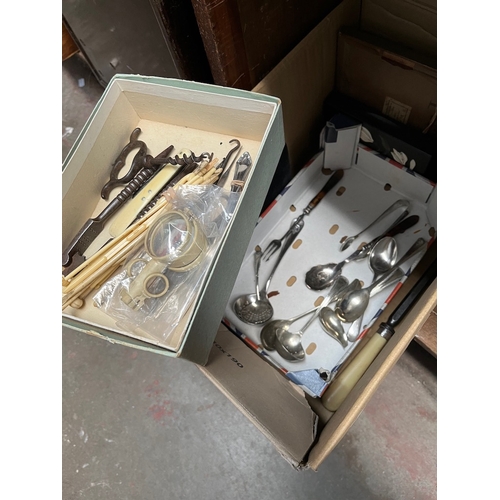 A box of assorted bric a brac including a Pietra Dura slab, various cutlery, an ivory handle pen kni