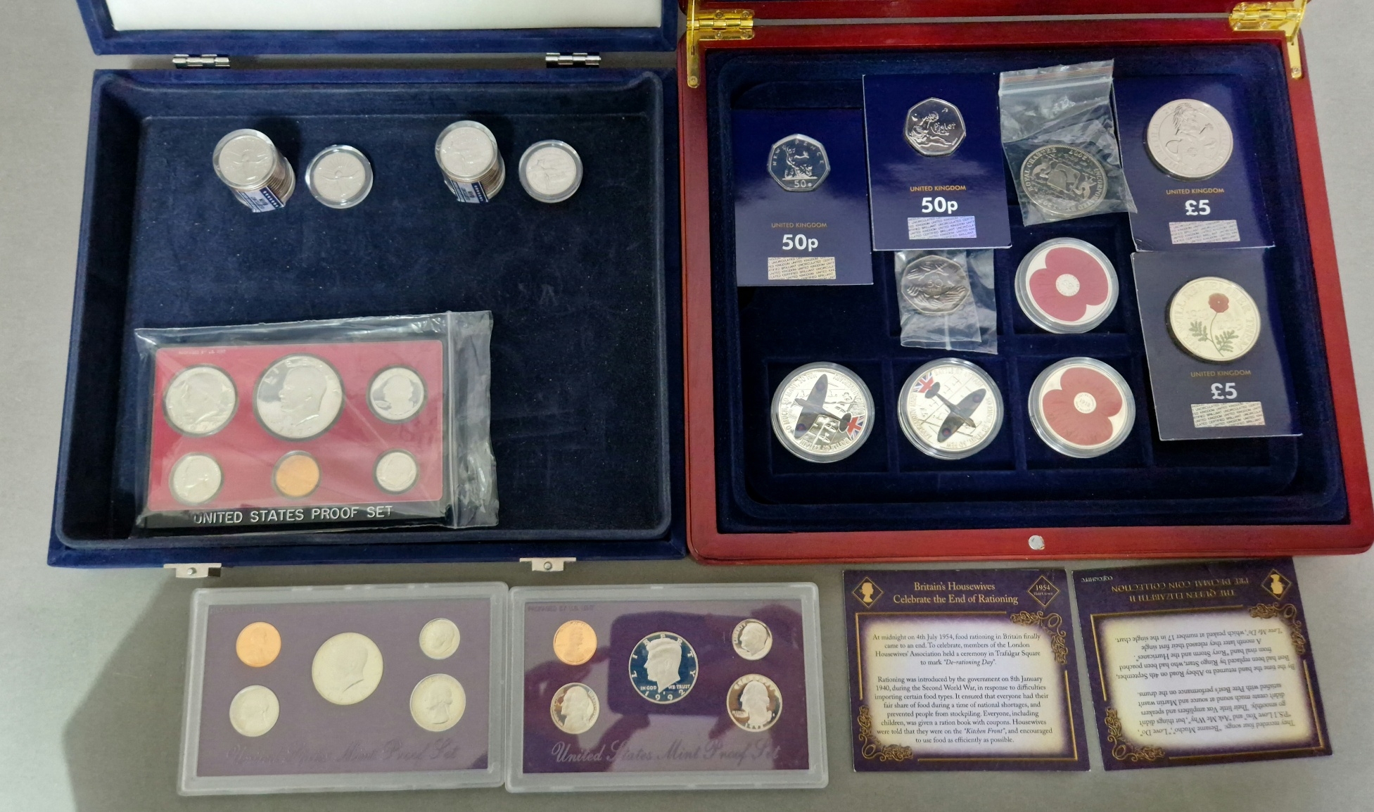 Two coin presentation boxes with contents to include 3 x United States ...