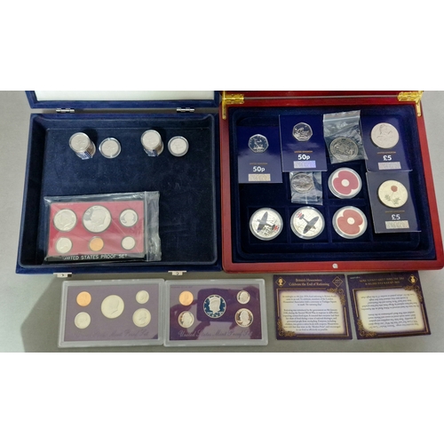 Two coin presentation boxes with contents to include 3 x United States ...