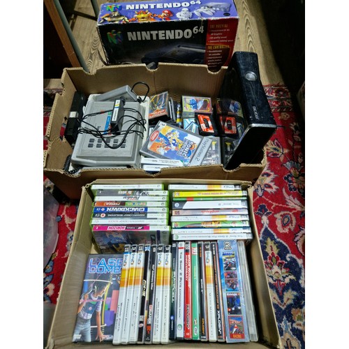 2 boxes of consoles and games to include an Xbox 360, Nintendo 64 ...